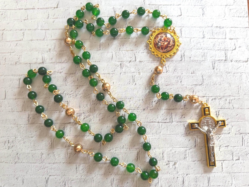Saint Joseph Rosary: Green & Gold 10MM Beaded, Saint Benedict Crucifix ...