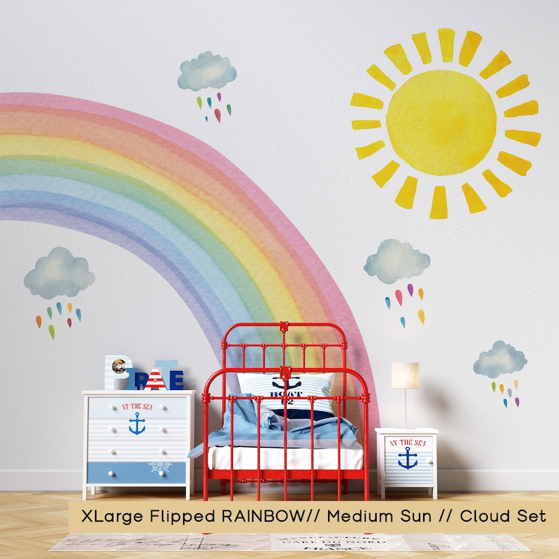 Watercolor Rainbow Wall Decal: Sun & Clouds Nursery Decor - Etsy
