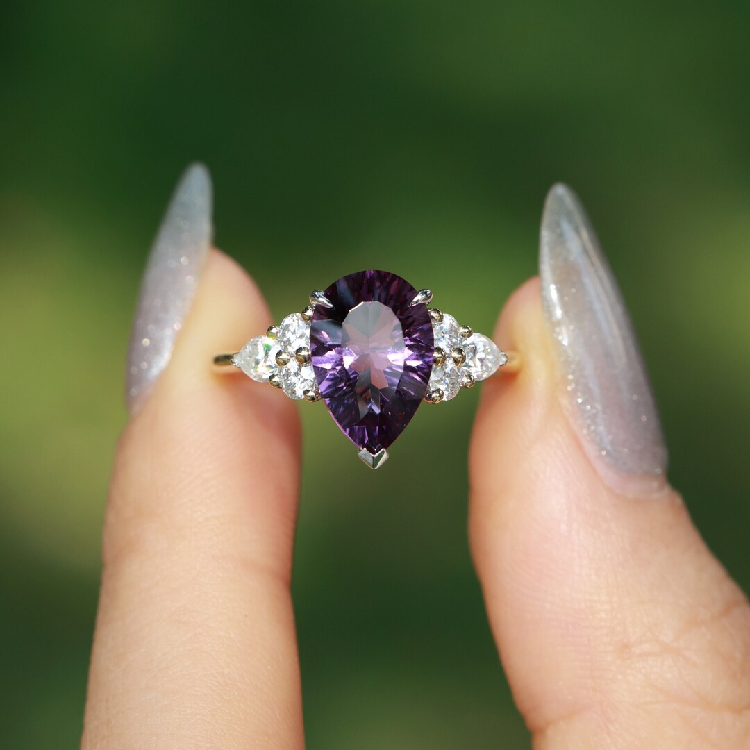 14k Solid Gold Ring,2.5ct Pear Amethyst Ring With Moissanite, Simple ...