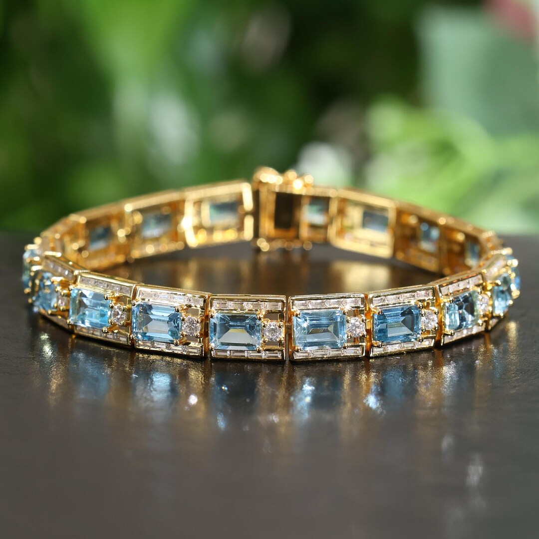 Blue Topaz Tennis Bracelet, 18K Yellow Gold Plated Sterling Silver ...