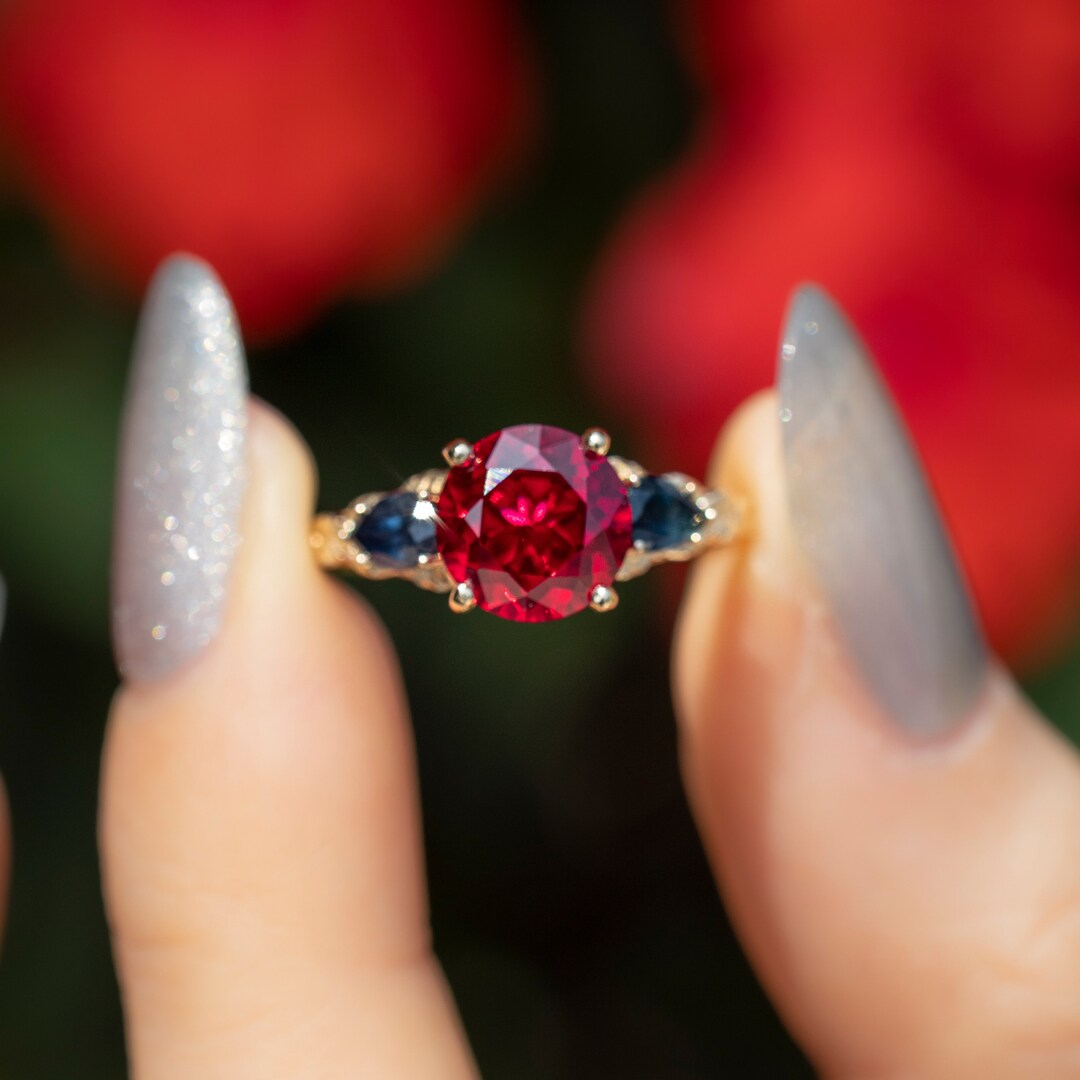 Ruby Ring, 14k Solid Gold Engagement Ring, Lab Ruby, Simple Ruby Ring With Sapphire, Elegant ...