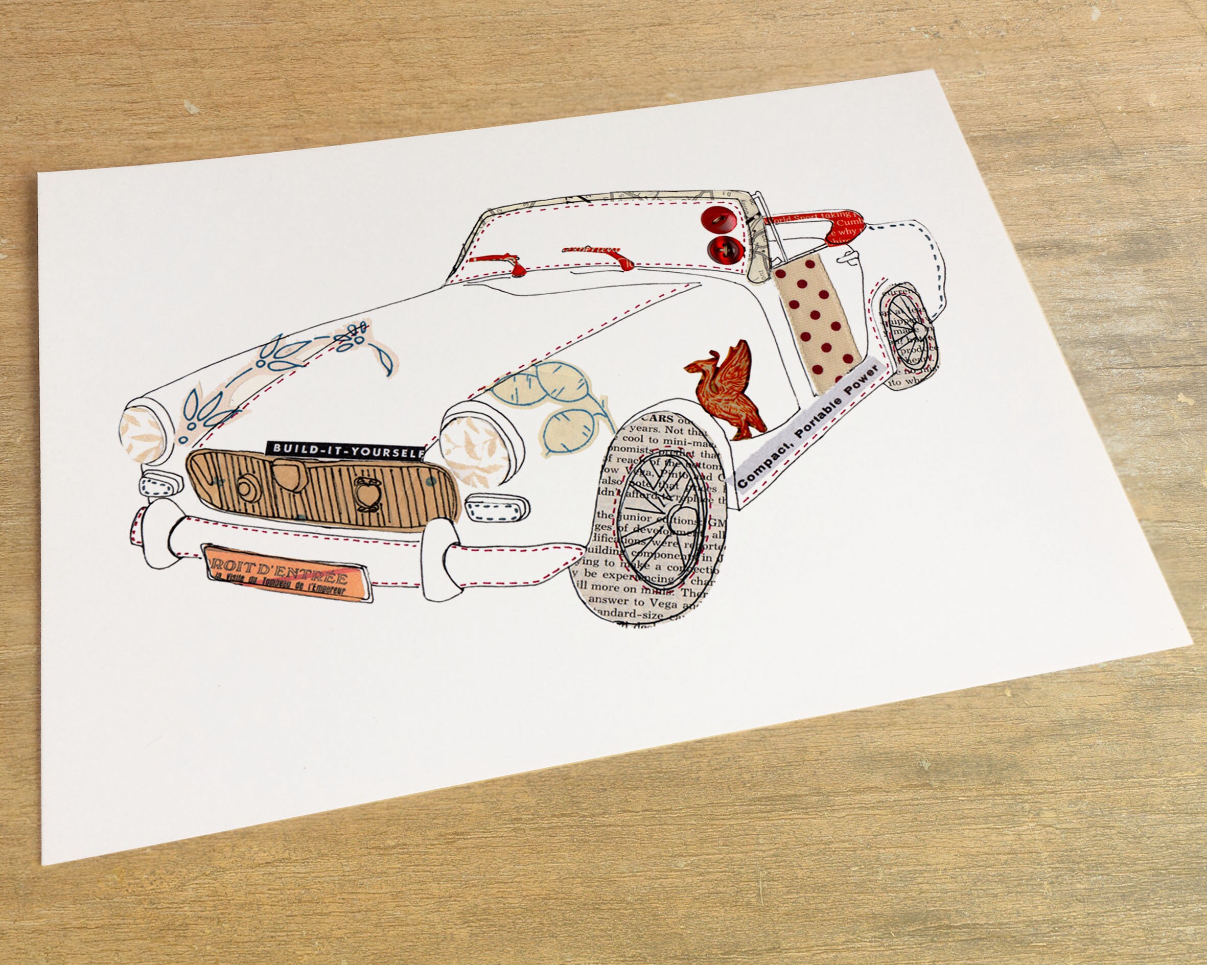 MG Midget - Ink and Collage Illustration - Etsy