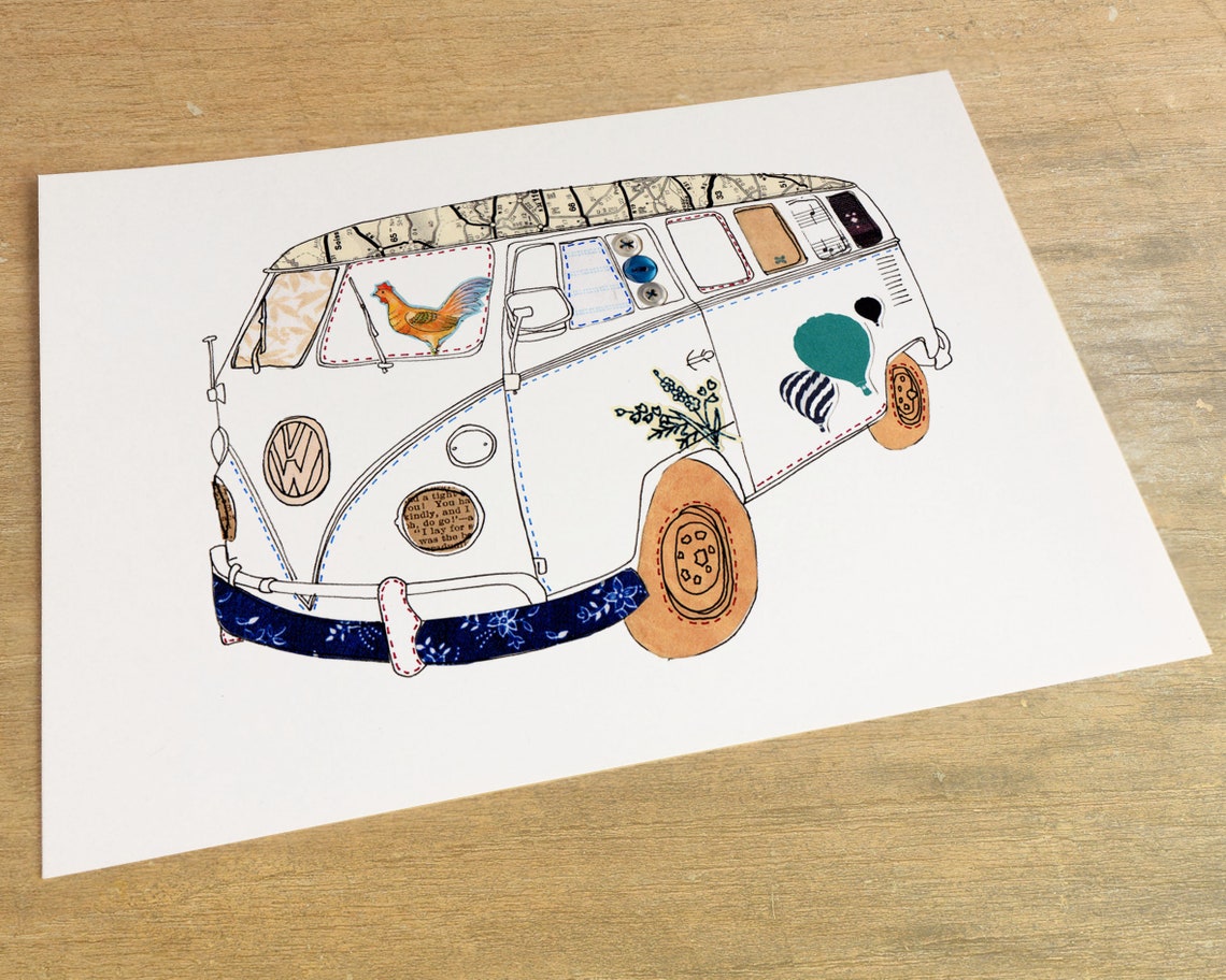 VW Camper Van - Ink and Collage Illustration - Etsy