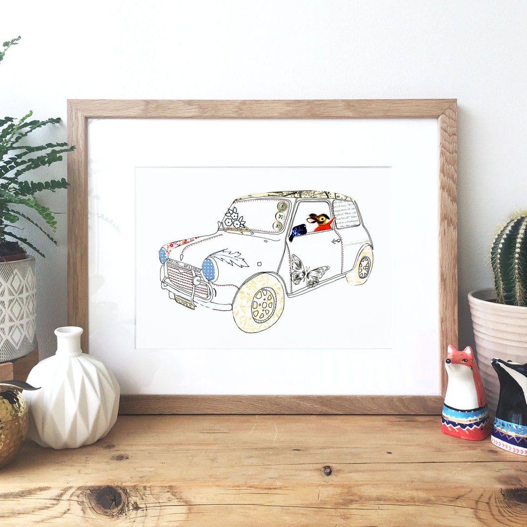 Mini Cooper Car - Ink and Collage Illustration - Etsy