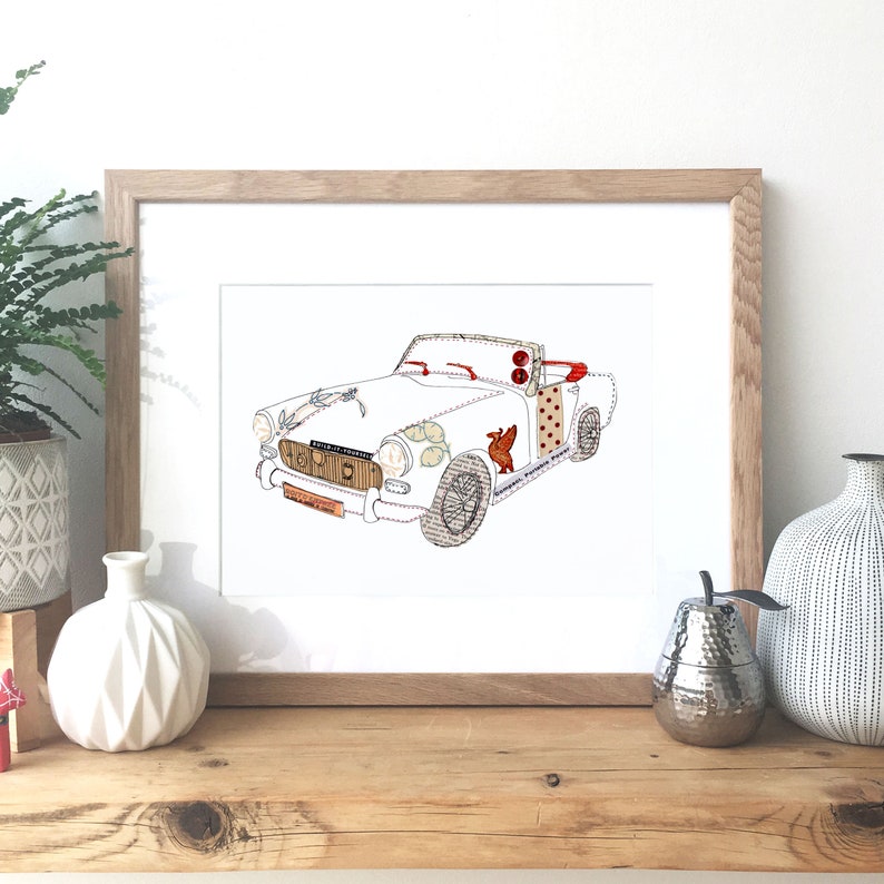 MG Midget - Ink and Collage Illustration - Etsy