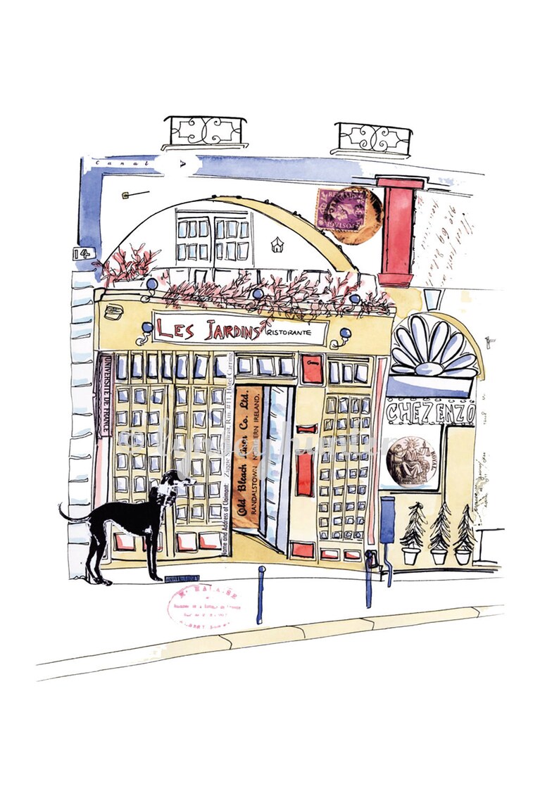 Paris Restaurant Ink Watercolour and Collage Illustration - Etsy