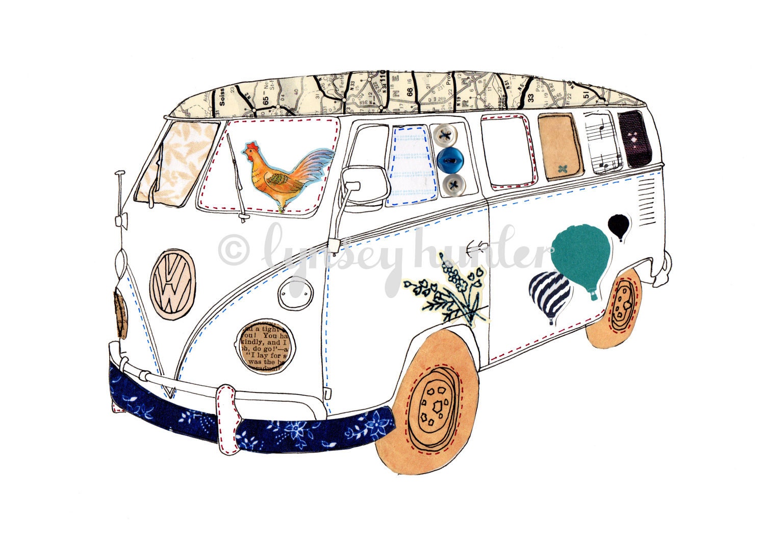 VW Camper Van - Ink and Collage Illustration - Etsy