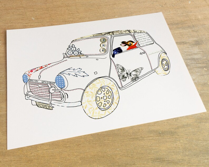 Mini Cooper Car - Ink and Collage Illustration - Etsy