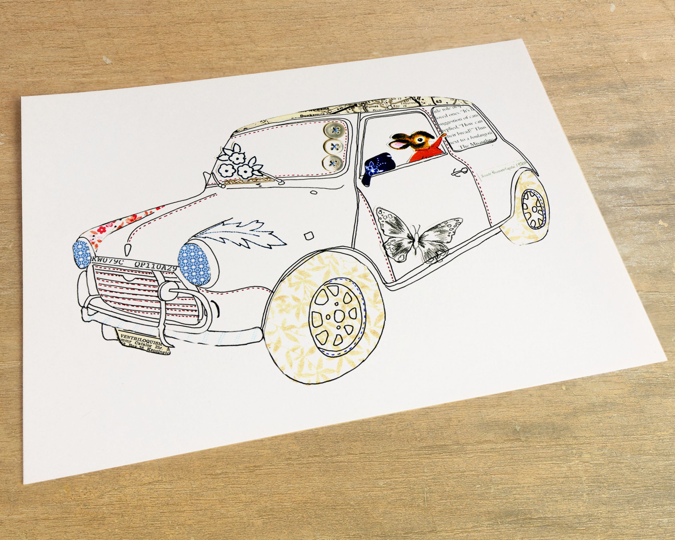 Mini Cooper Car Ink and Collage Illustration - Etsy