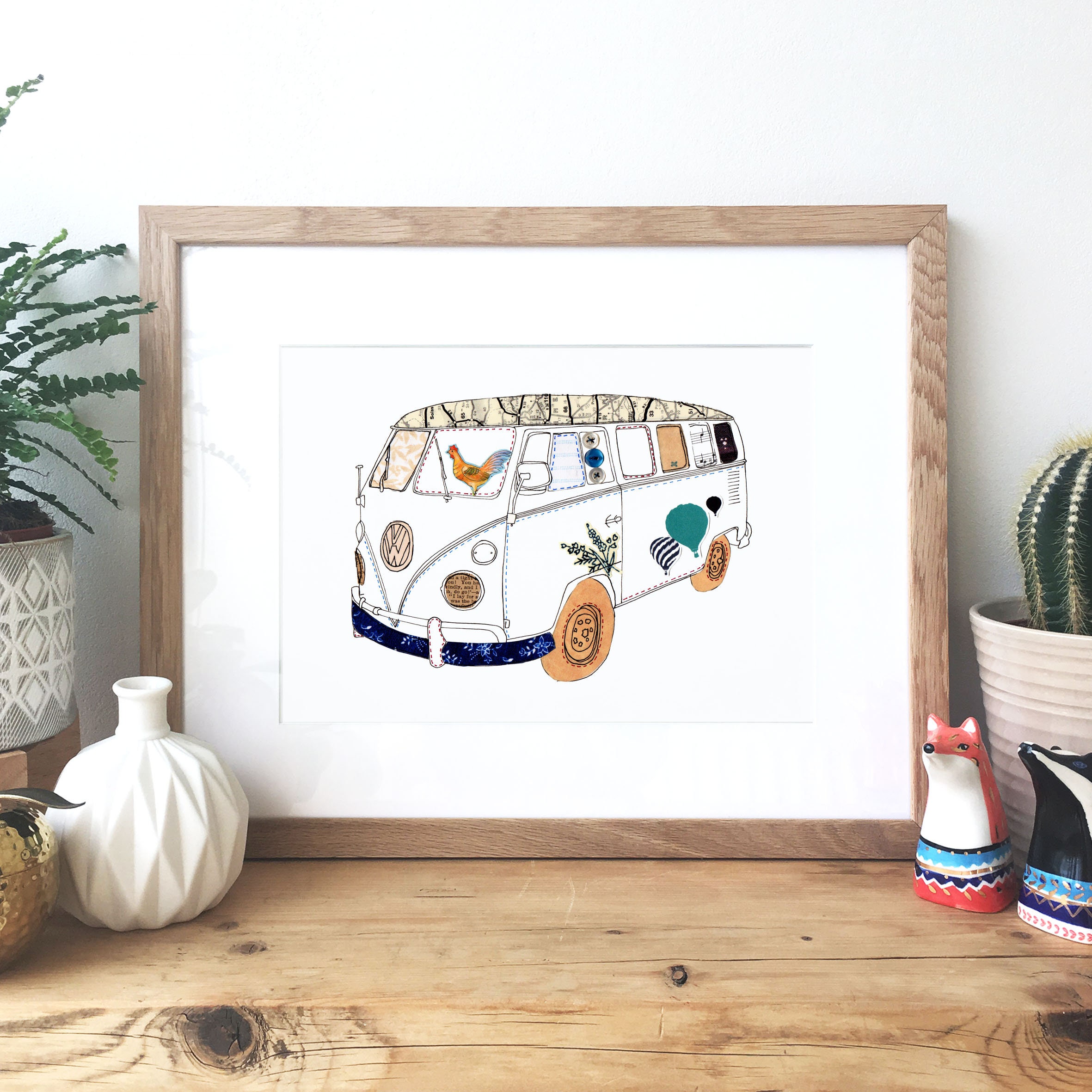 VW Camper Van - Ink and Collage Illustration - Etsy
