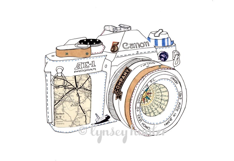 Canon AE-1 SLR Camera - Ink and Collage Illustration - Etsy