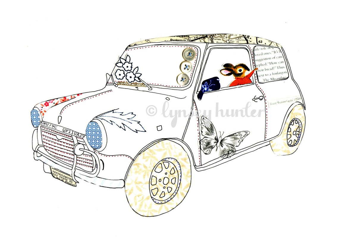 Mini Cooper Car Ink and Collage Illustration - Etsy