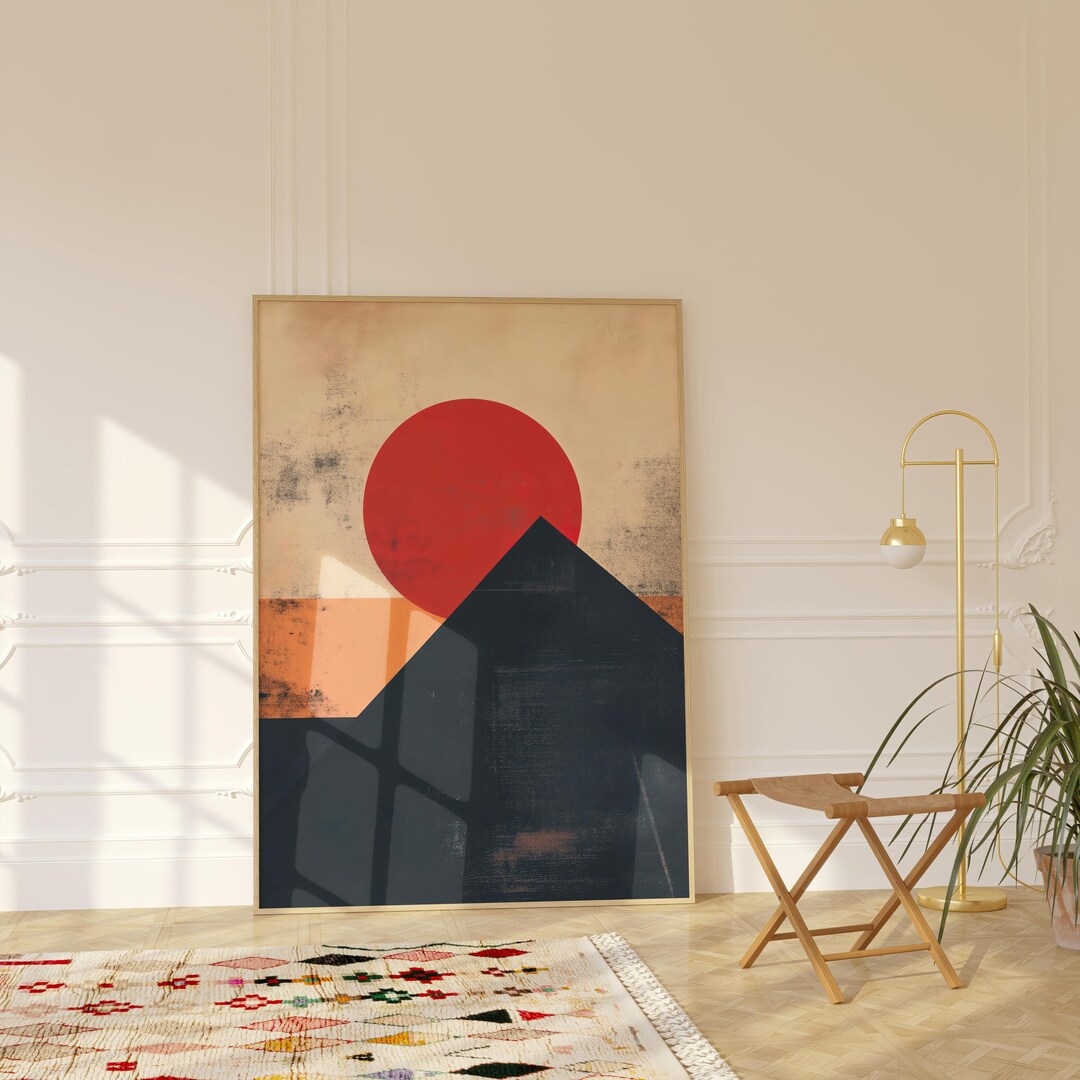 Sunset Geometry Printable Art, Red Sun and Mountain Decor, Minimalist ...