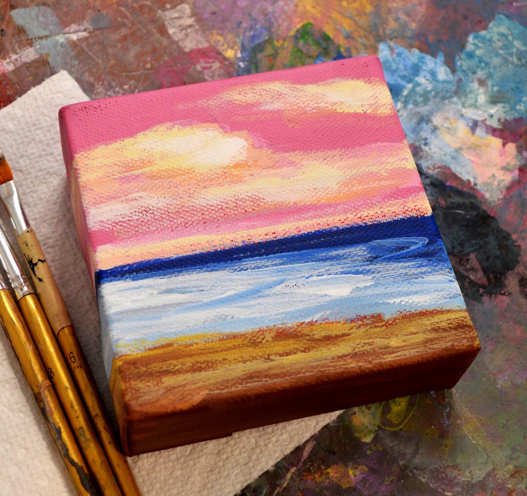 Original Seascape Mini Painting Modern 4 X 4 American Landscape Beach ...