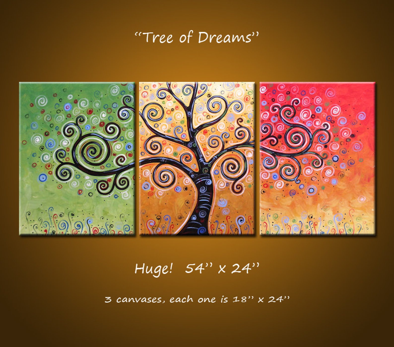Original 3 Piece Tree Painting Modern Colorful Whimsical Landscape Art ...