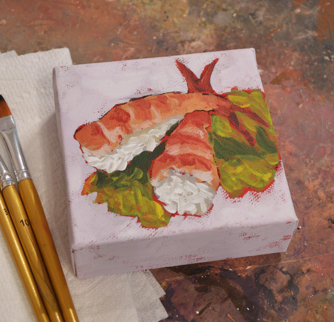 Sushi Ebi Painting Original Mini Painting, Modern 4" X 4" Art Sides ...