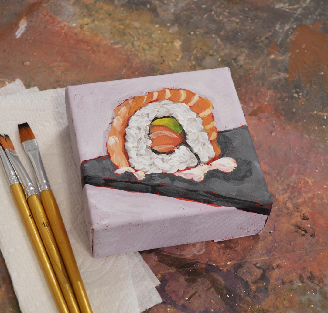 Sushi Painting Original Uramaki Mini Painting, Modern 4" X 4" Art ...