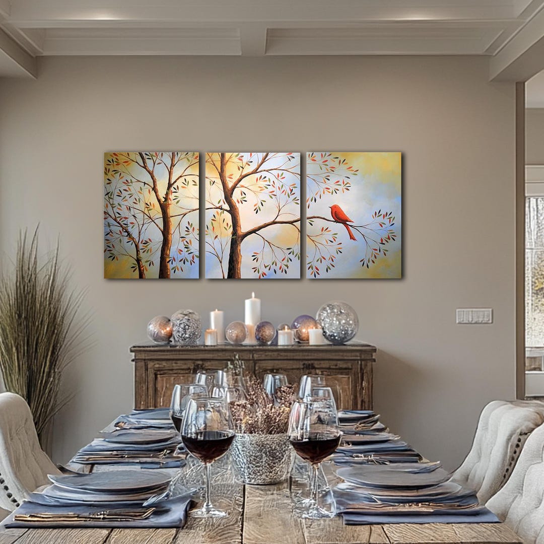 Huge Wall Art Bird Modern Landscape Painting 54" Triptych Original 3 ...