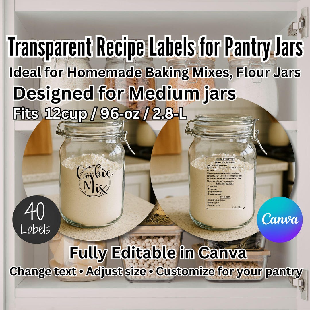 40 Transparent Recipe Labels • Fits 12‑cup Pantry Jars • 3x4 Printable ...
