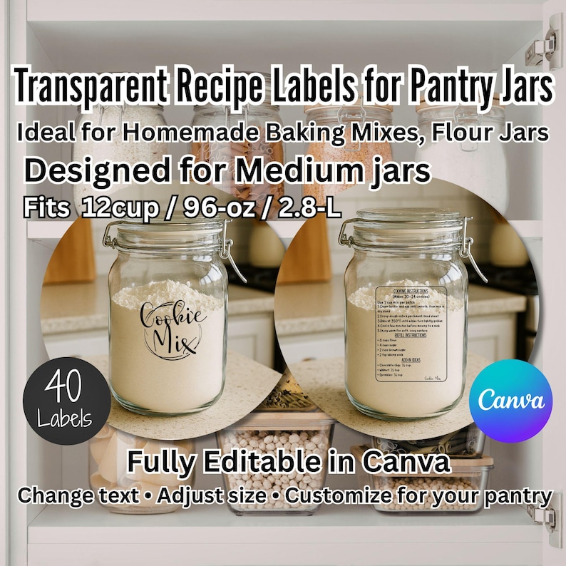 40 Transparent Recipe Labels • Fits 12‑cup Pantry Jars • 3x4 Printable ...