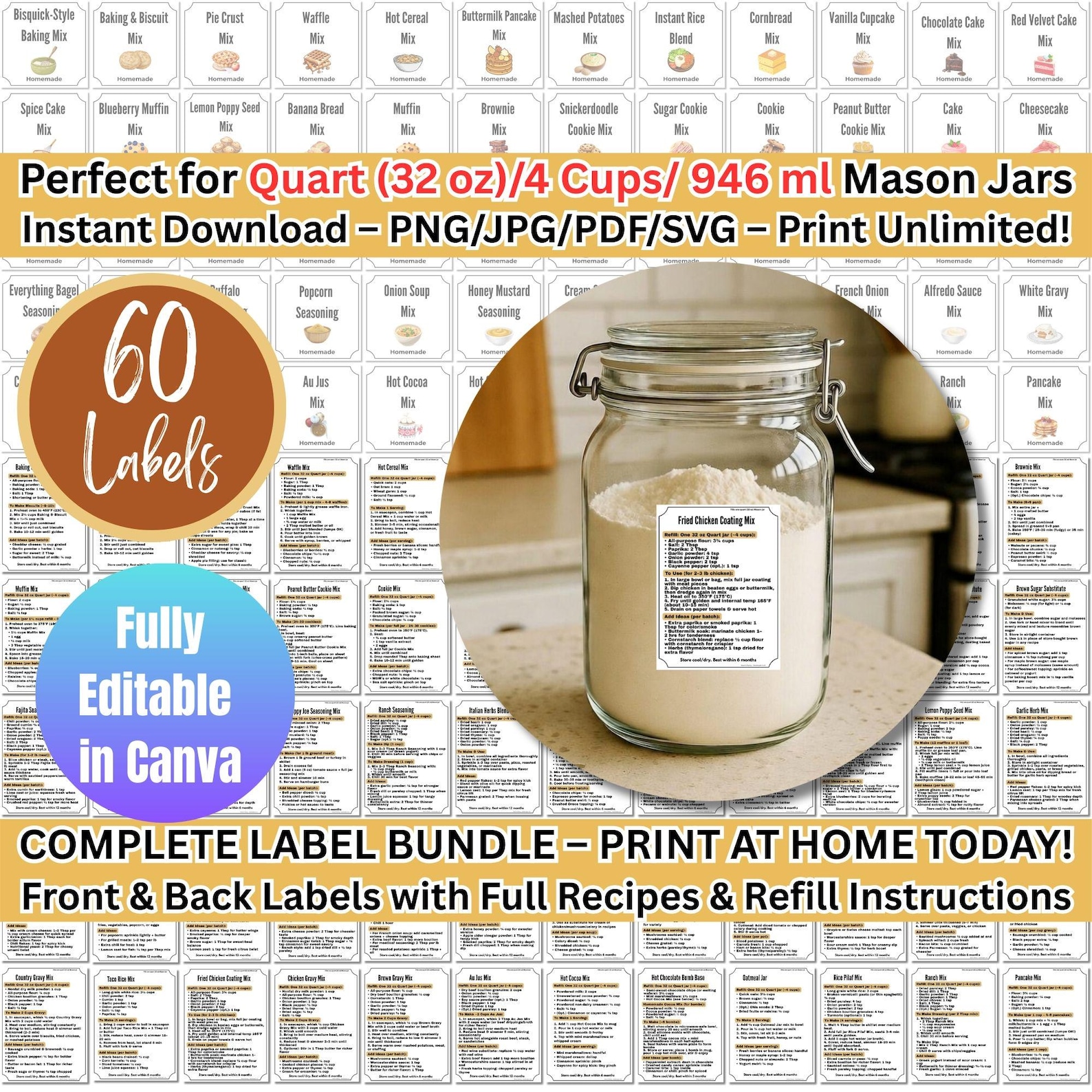 Pantry Labels With Recipe - Printable Mason Jar Labels, Digital ...