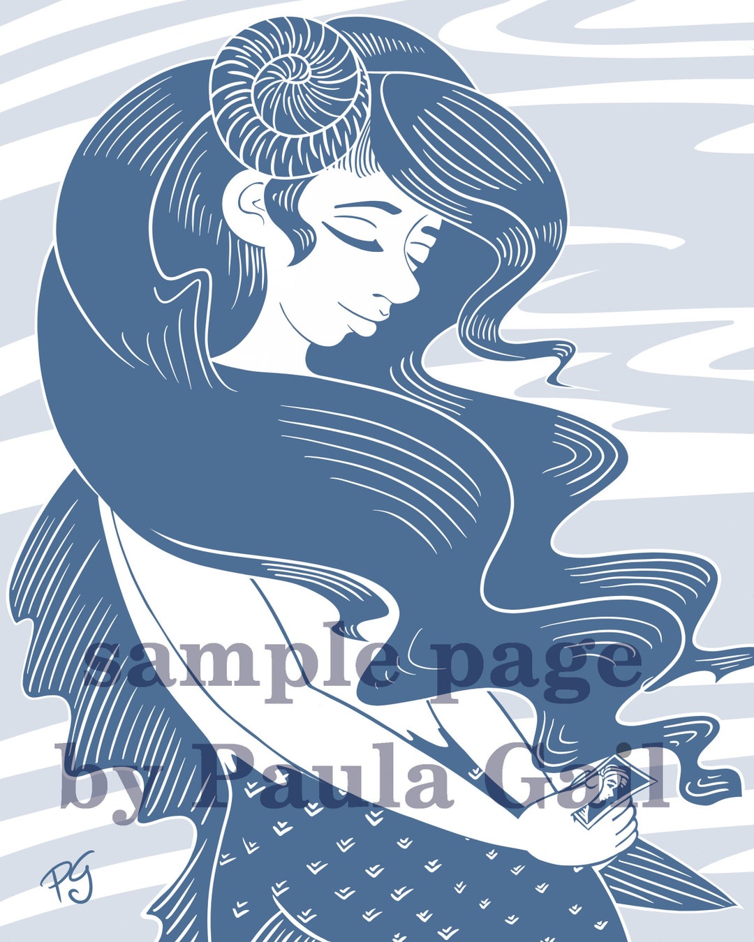 Blue Mermaid Printable Wall Artwoodblock Style - Etsy