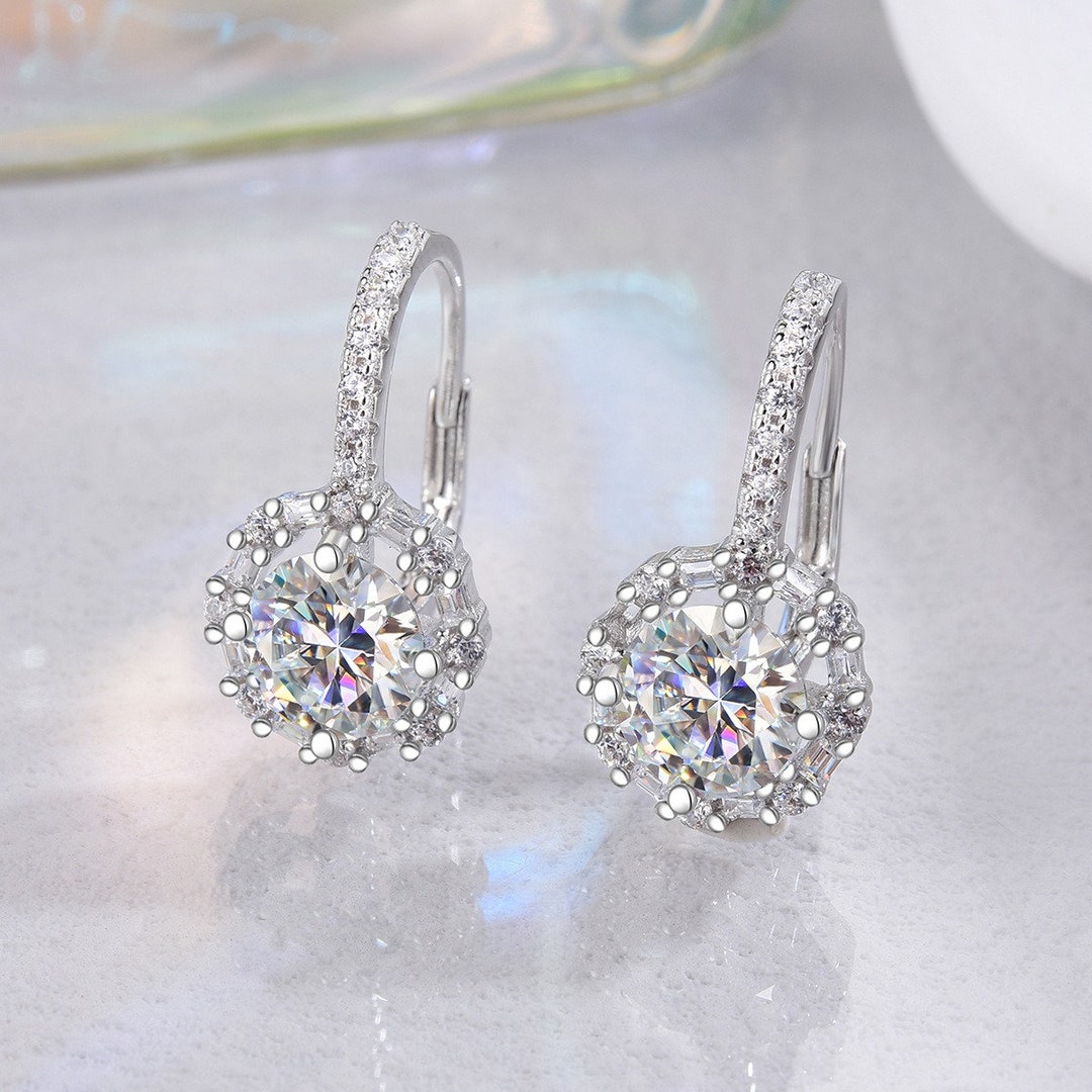 Moissanite Dangling Drop Earrings 1 Carat Solitaire With Halo Setting ...