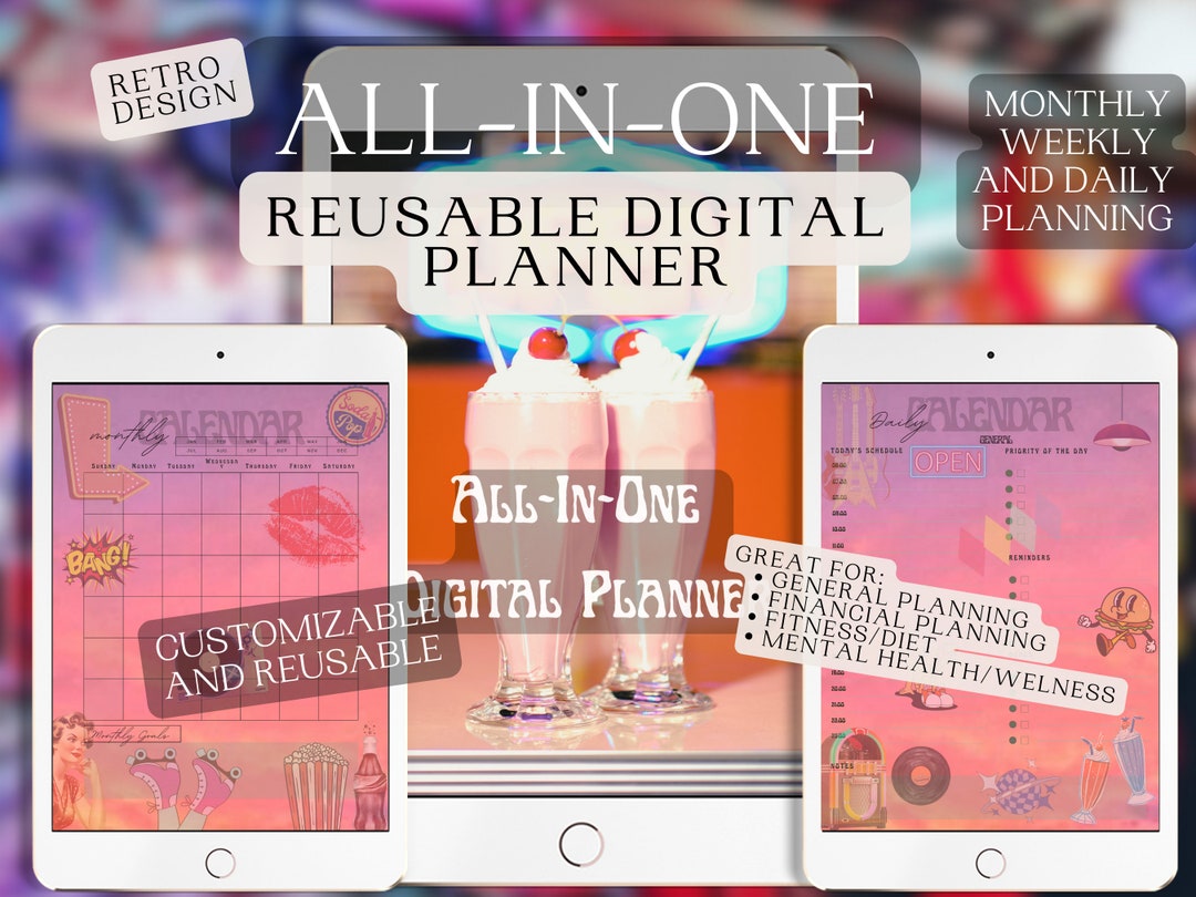 Retro Vintage Aesthetic Digital Planner: Monthly, Weekly, Daily Digital ...