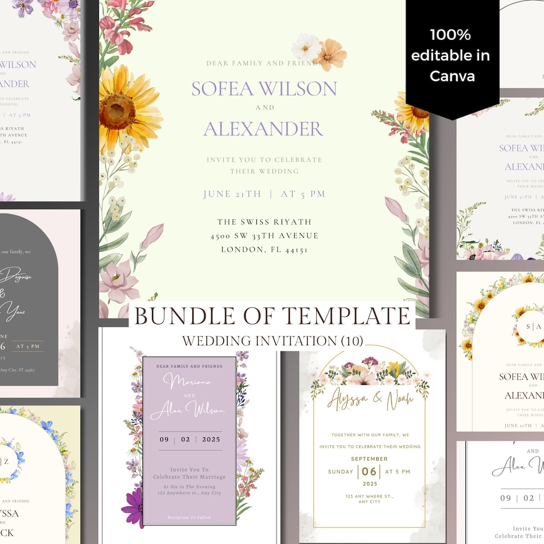 Bundle Template, Wedding Invitation Card Canva Template, Full Editabale ...