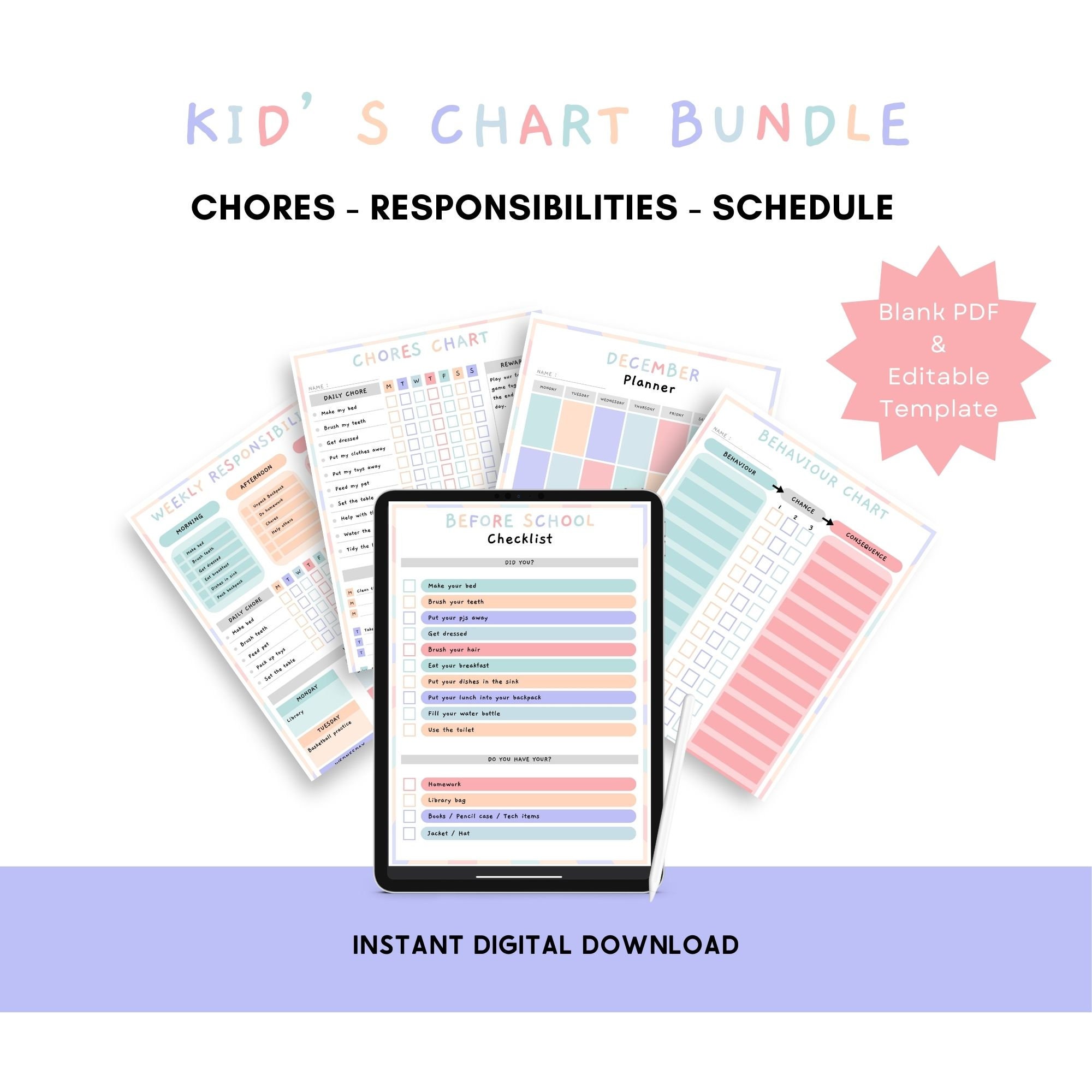Kids Chore Chart Kids Rewards Chart Kids Planner Chore Chart for Kids ...