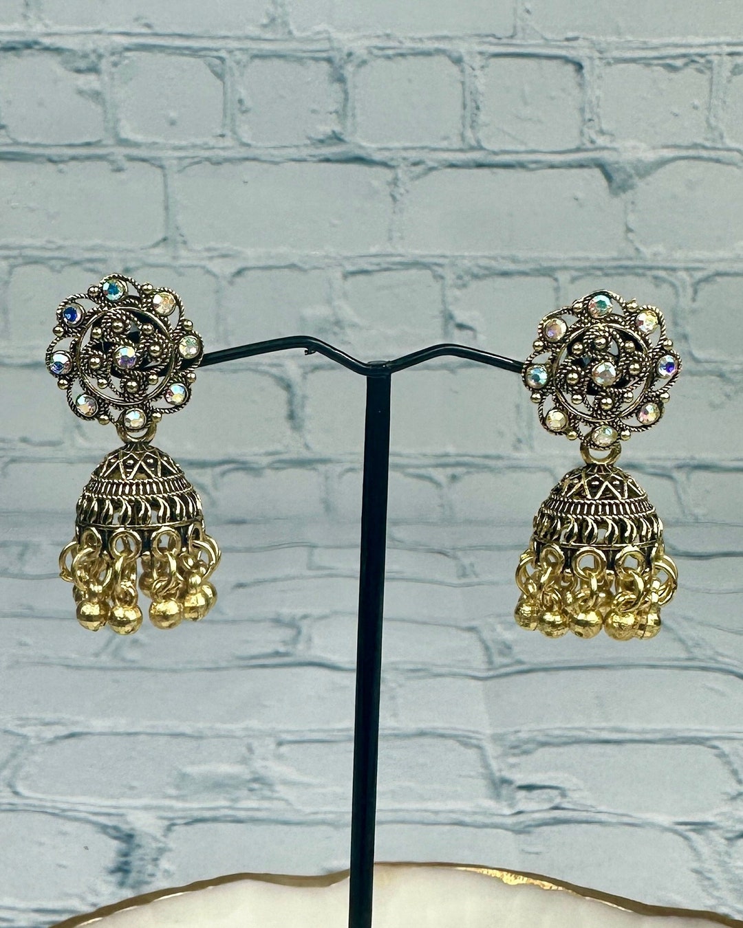 Golden Mini Jhumki Earrings With Stones | Indian Jewelry Earrings ...