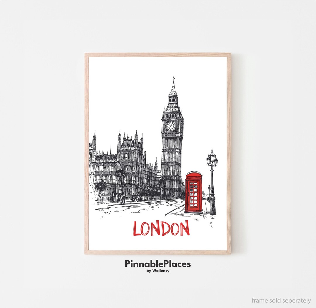 London Big Ben Print: Minimalist Line Art, Red Telephone Booth (digital ...