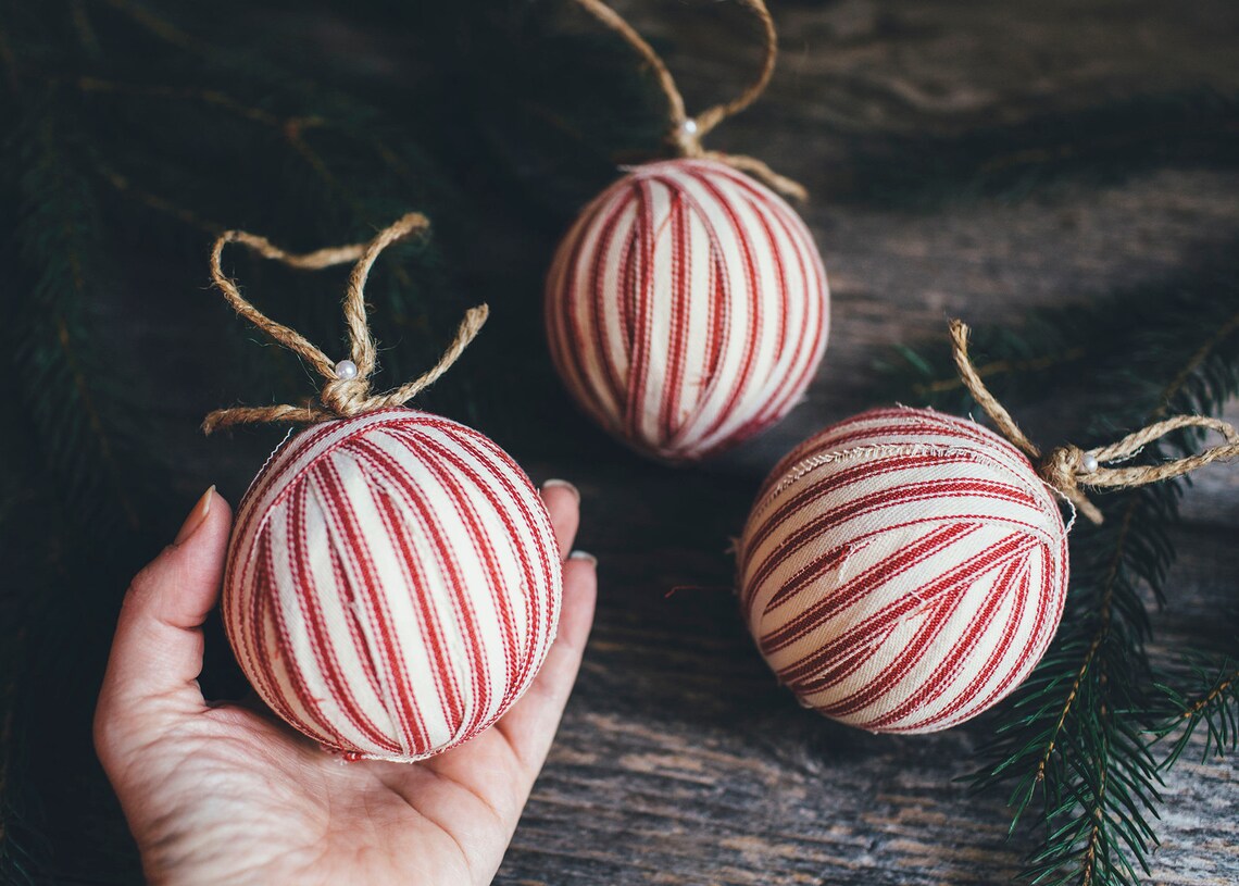 Rustic Red Ticking Rag Ball Christmas Tree Ornaments Set of 3, Homespun ...