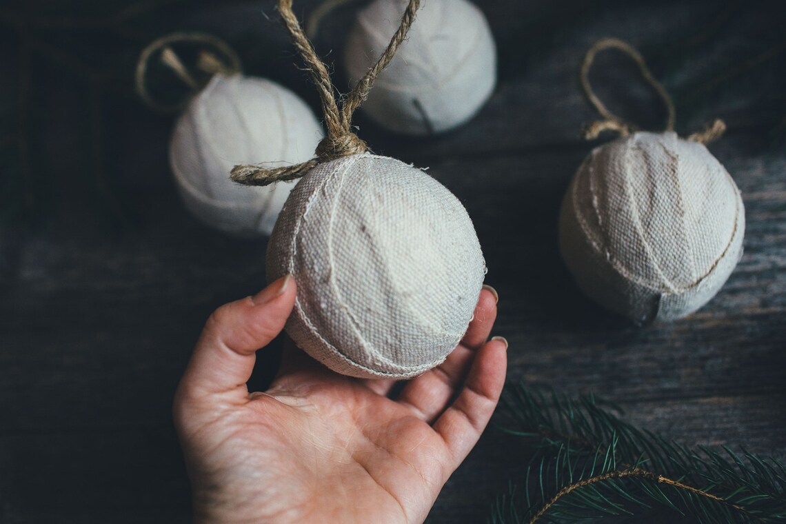 Rustic Farmhouse Natural Canvas Rag Ball Christmas Tree Ornaments, Set ...
