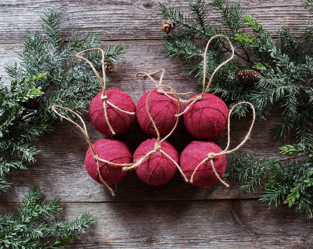 Rustic Washed Red Denim Farmhouse Rag Ball Christmas Tree Ornaments ...