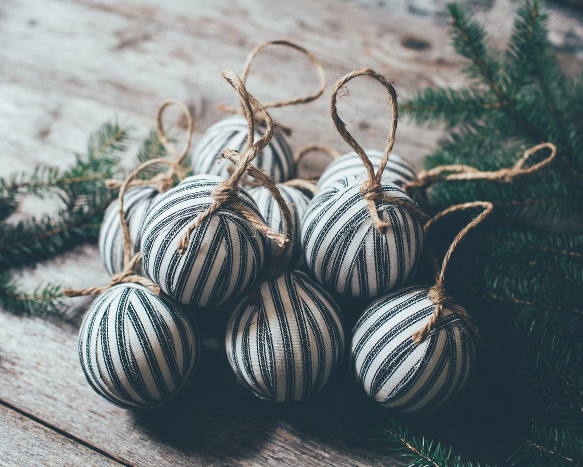 Rustic Black and White Ticking Rag Ball Christmas Tree Ornaments, Set ...