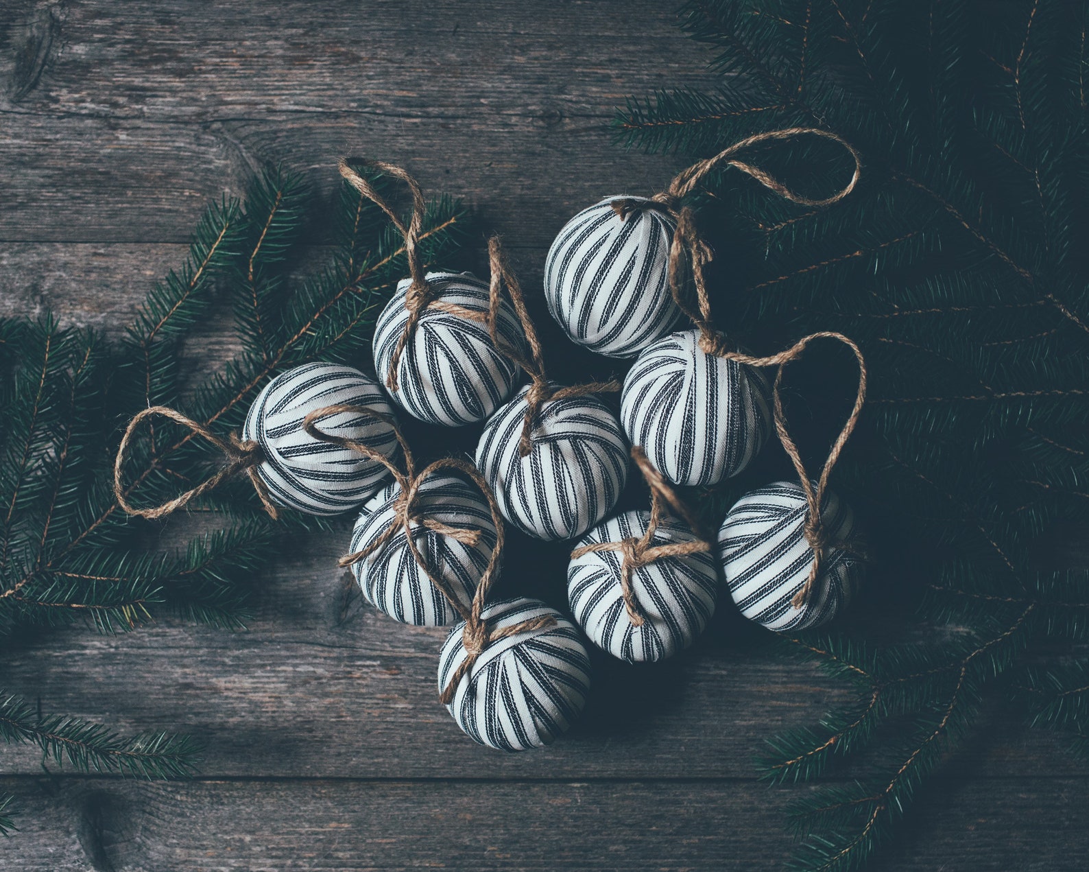 Rustic Black and White Ticking Rag Ball Christmas Tree Ornaments, Set ...
