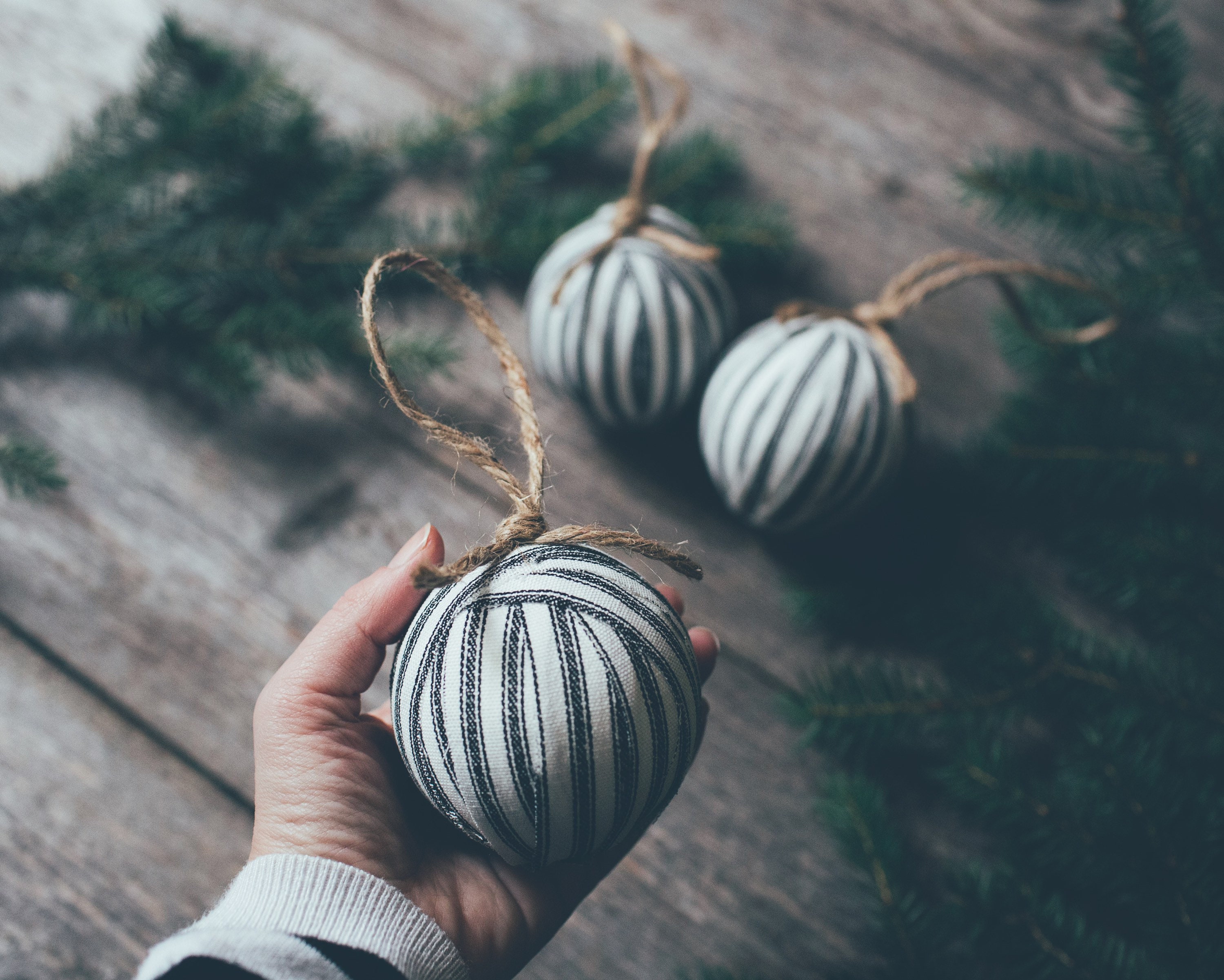 Rustic Black and White Ticking Rag Ball Christmas Tree Ornaments, Set ...