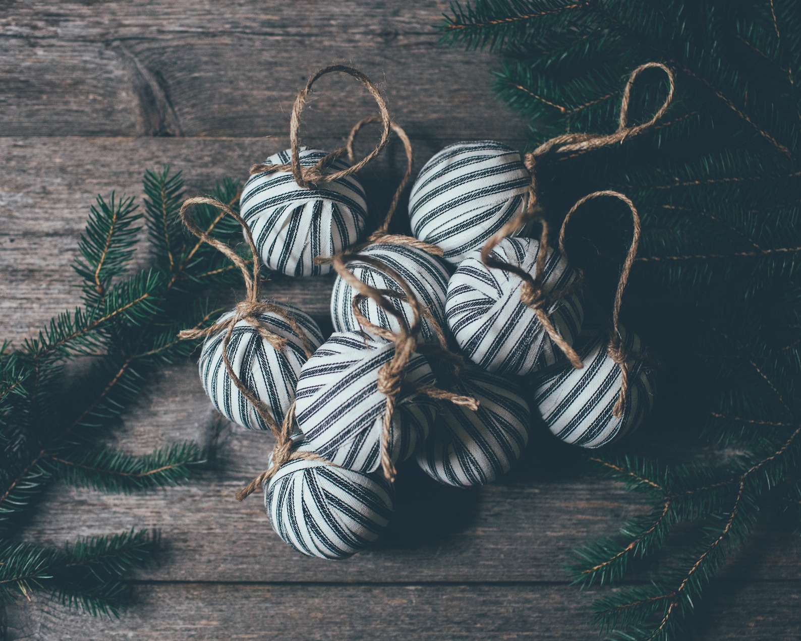 Rustic Black and White Ticking Rag Ball Christmas Tree Ornaments, Set ...