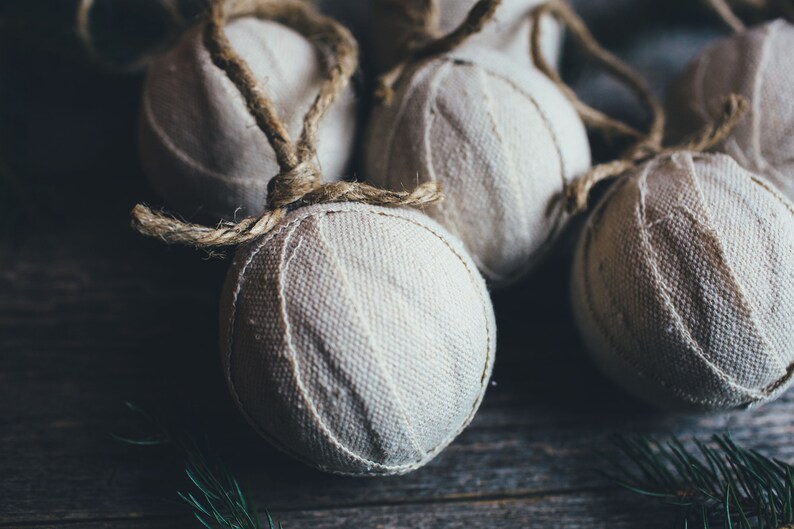 Rustic Farmhouse Natural Canvas Rag Ball Christmas Tree Ornaments, Set ...