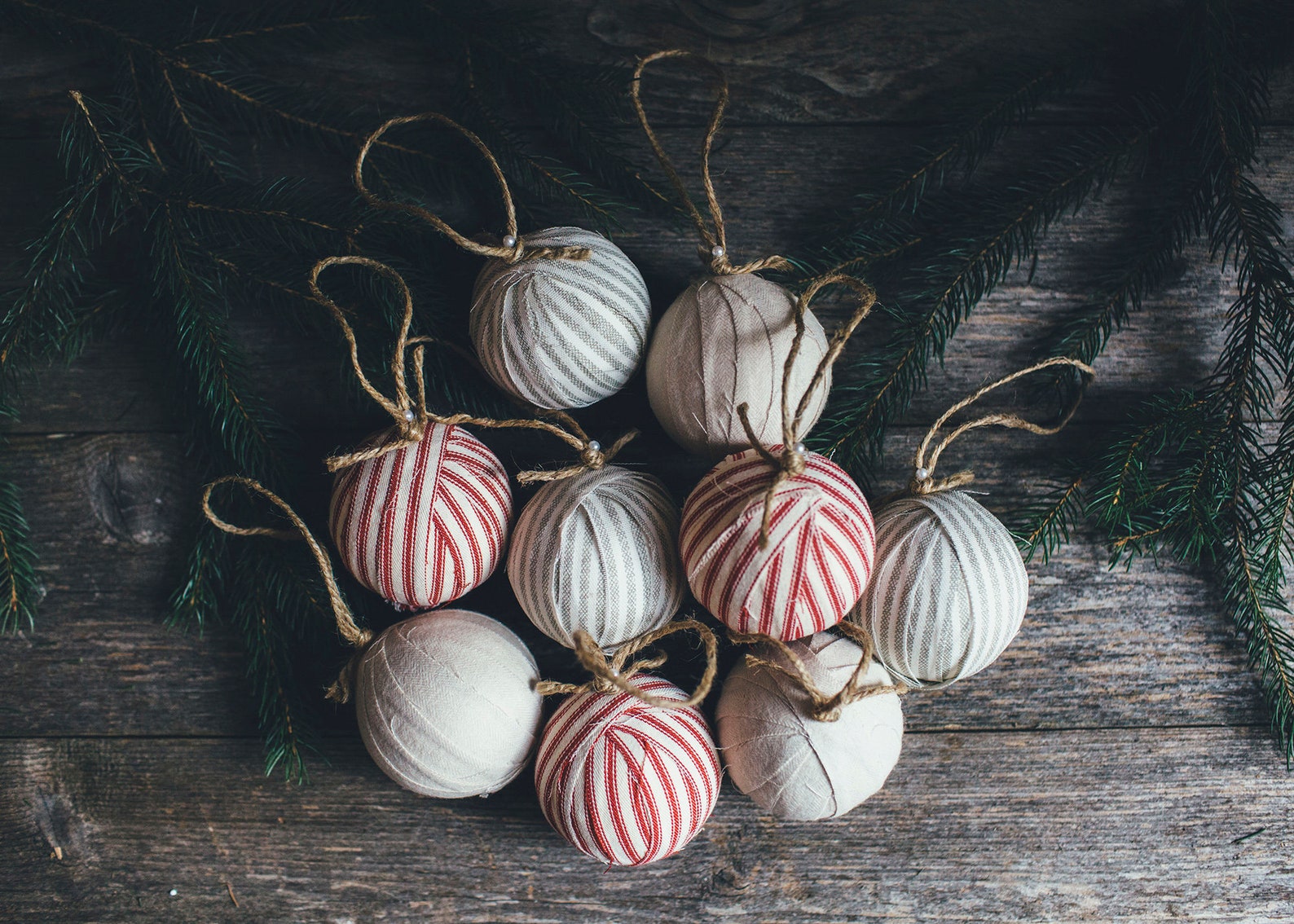 Rustic Red Ticking Rag Ball Christmas Tree Ornaments Set of 3, Homespun ...