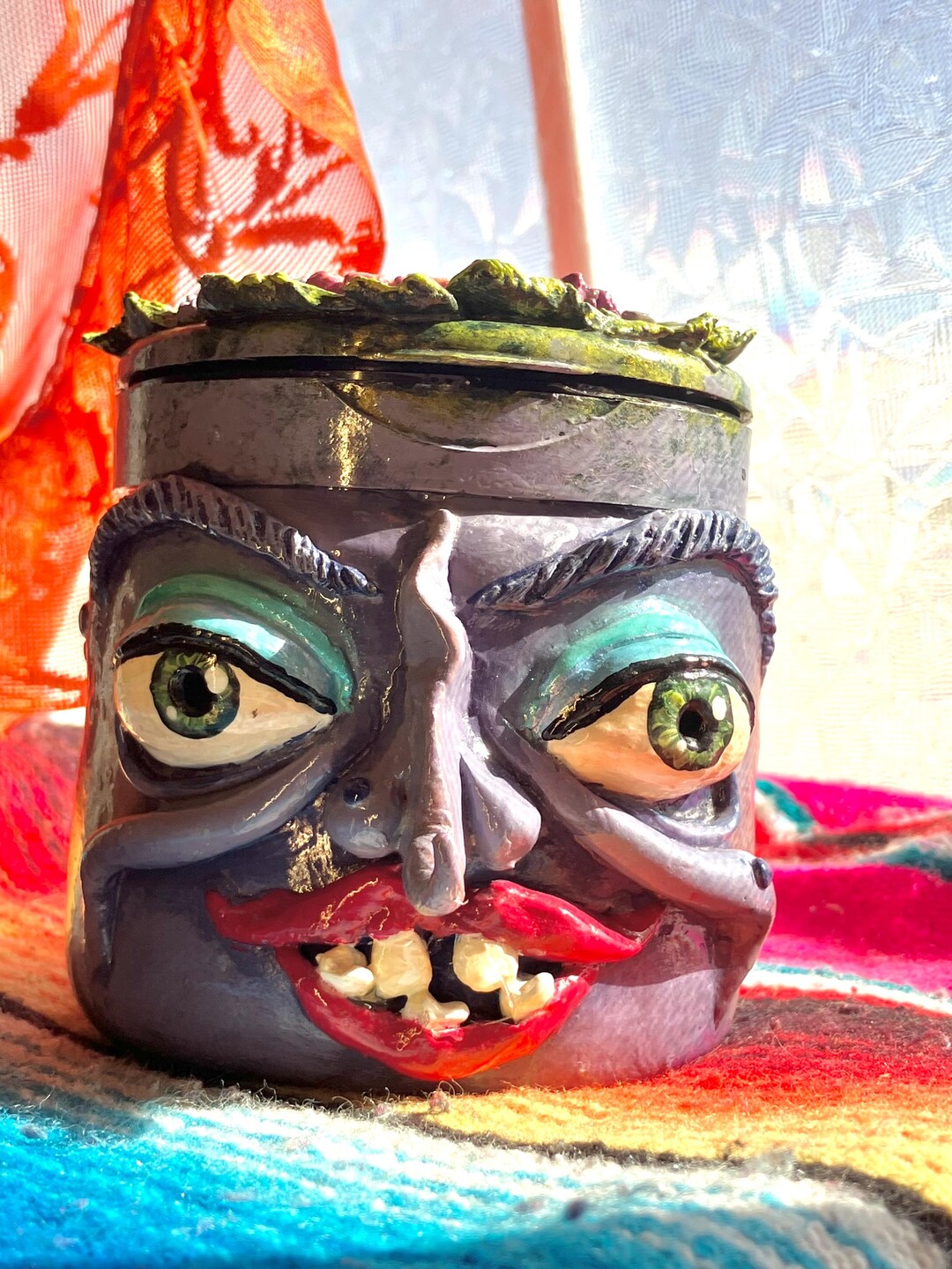 Hand Sculpted Clay Container: Whimsical Face With Flower Lid - Etsy
