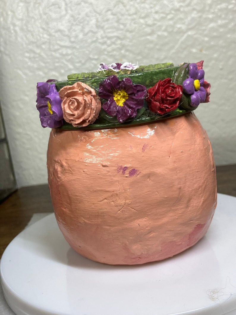 Handmade Clay Jar, Old Lady Face Jar, Stash Jar, Unique Storage, Flower ...