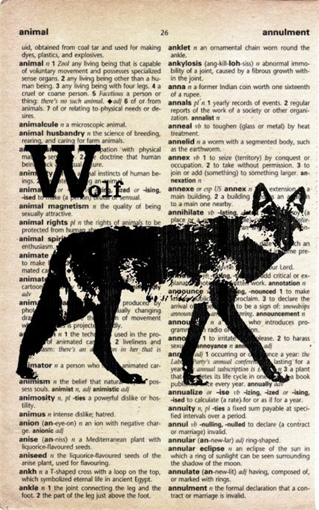 Animal Print on Vintage Dictionary Page - Wolf - Etsy