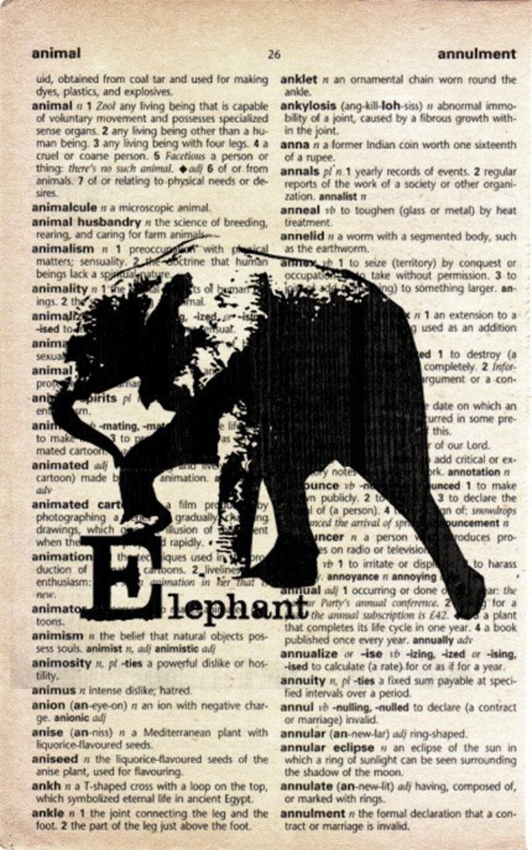 Animal Print on Vintage Dictionary Page Elephant - Etsy