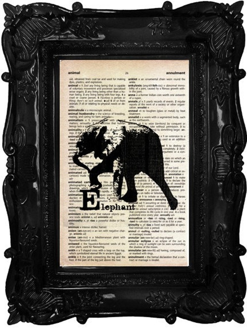 Animal Print on Vintage Dictionary Page Elephant | Etsy
