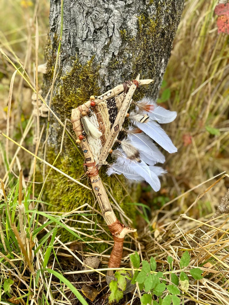 Hand Carved and Weaved Medicine Stick: Bison Bone, Antler Feather ...