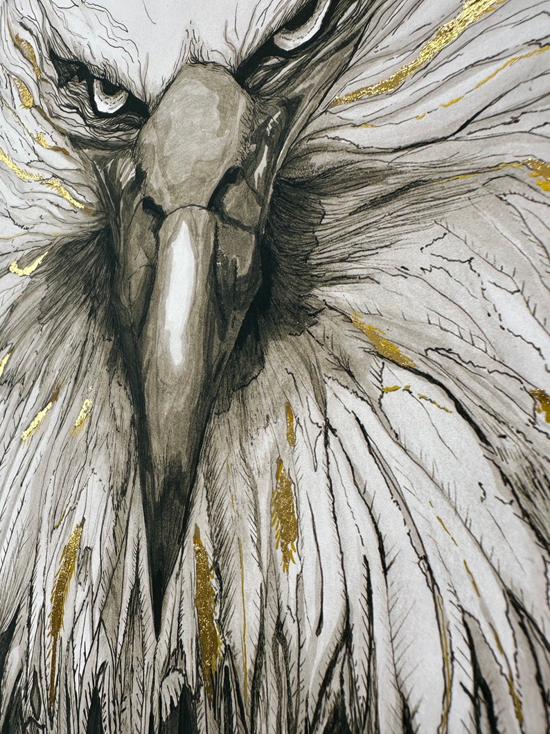 Gold Leaf Original Print Art Bald Eagle Ink Drawing Noble Gaze Bird ...