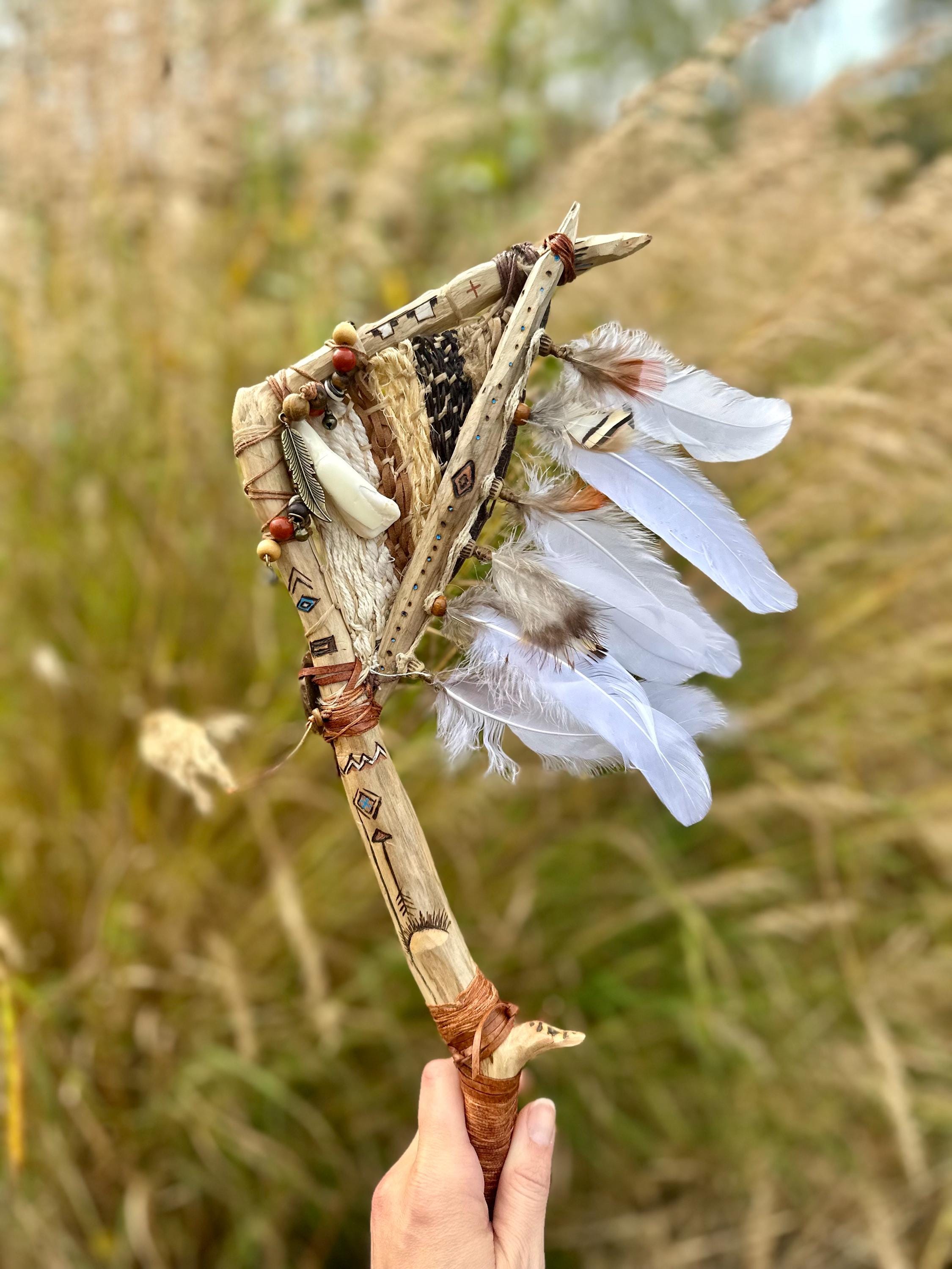 Hand Carved and Weaved Medicine Stick: Bison Bone, Antler Feather ...