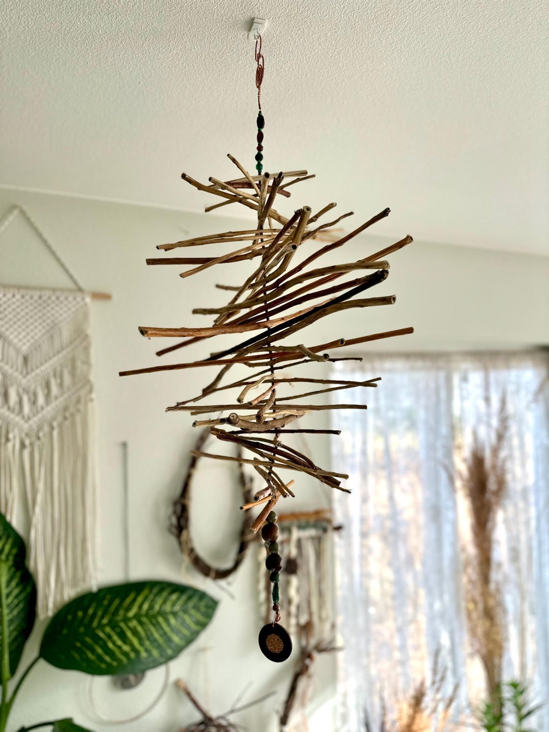 Wood Jade Moon Ladder Beaded Copper Ceiling Hanging Natural Living ...